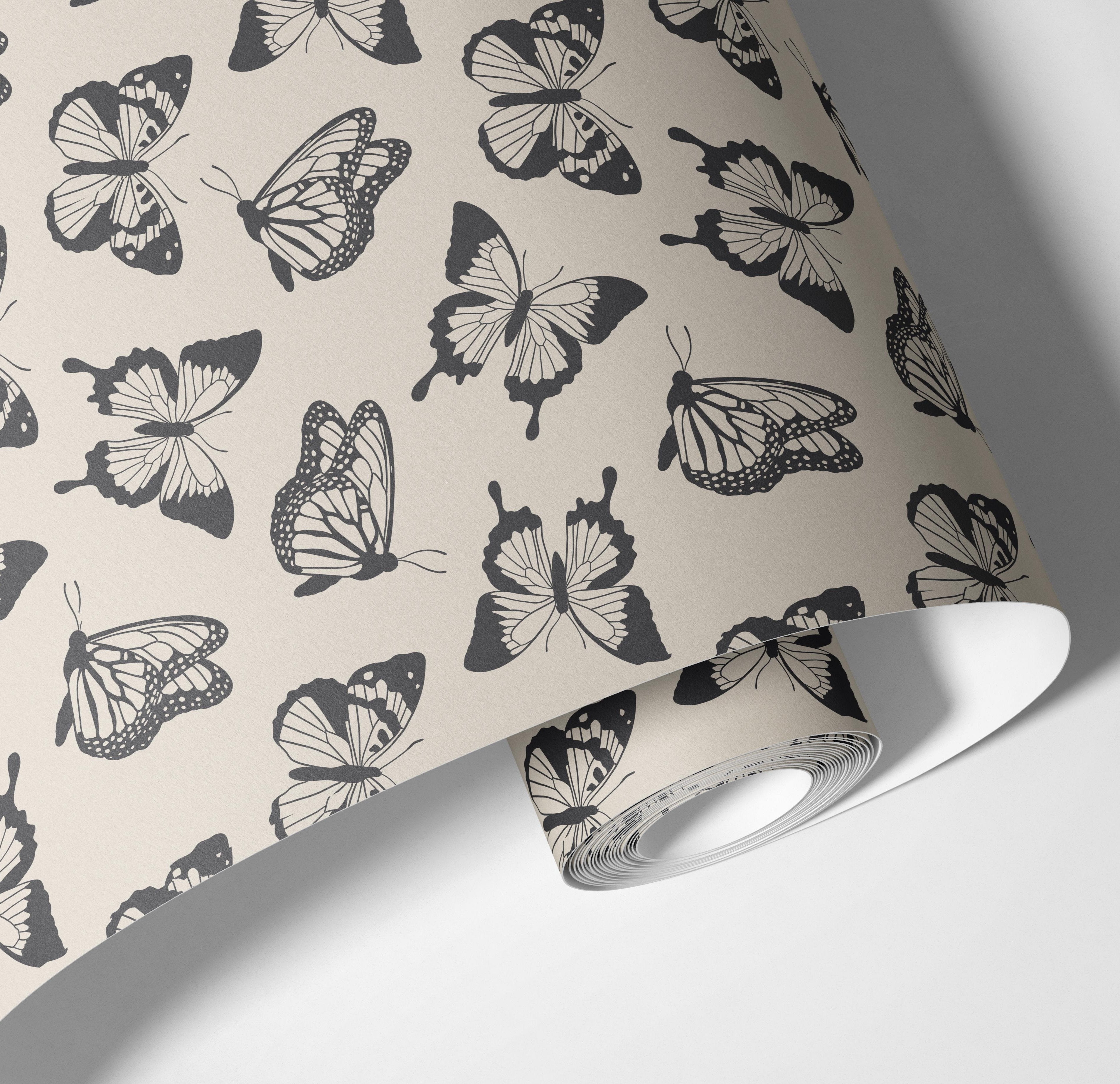 Monochrome Monarchs | Cream Whimsical Removable Contact Paper for Shel ...
