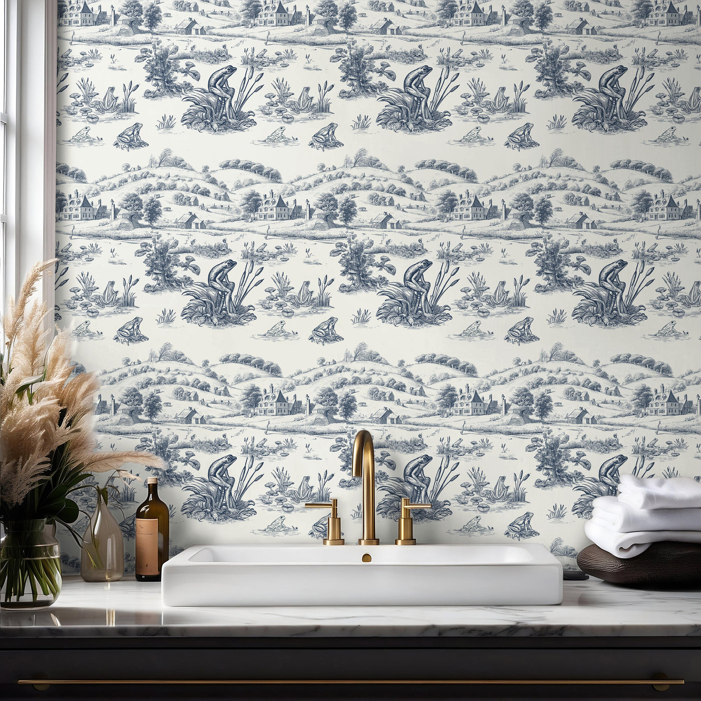 French Field Frogs | Blue Whimsical Removable Wallpaper for Bathroom ...