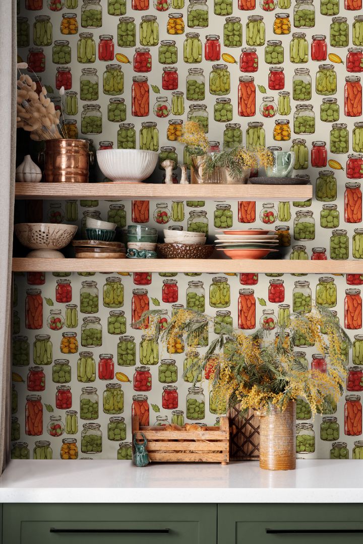 Pickled Pantry Kitchen Wallpaper | Farmhouse Vintage Canning Jars ...