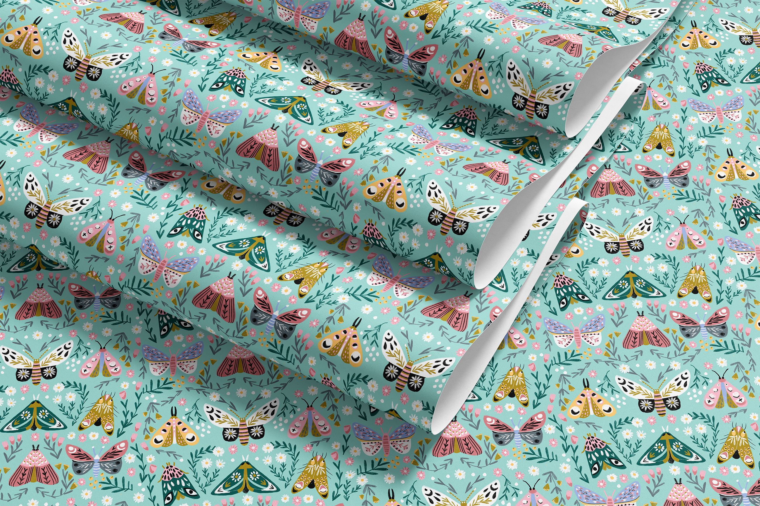 Moth Meadow Turquoise Contact Paper – 1951 – James And Colors