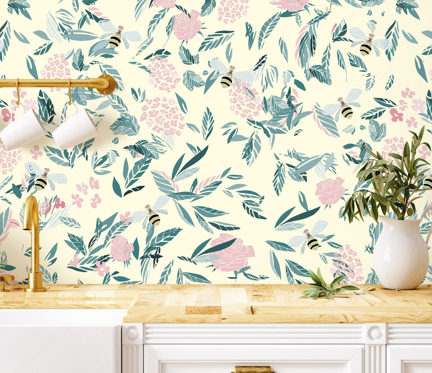 Ivory Bee Floral Wallpaper | Wallpaper Peel and Stick | Removable ...