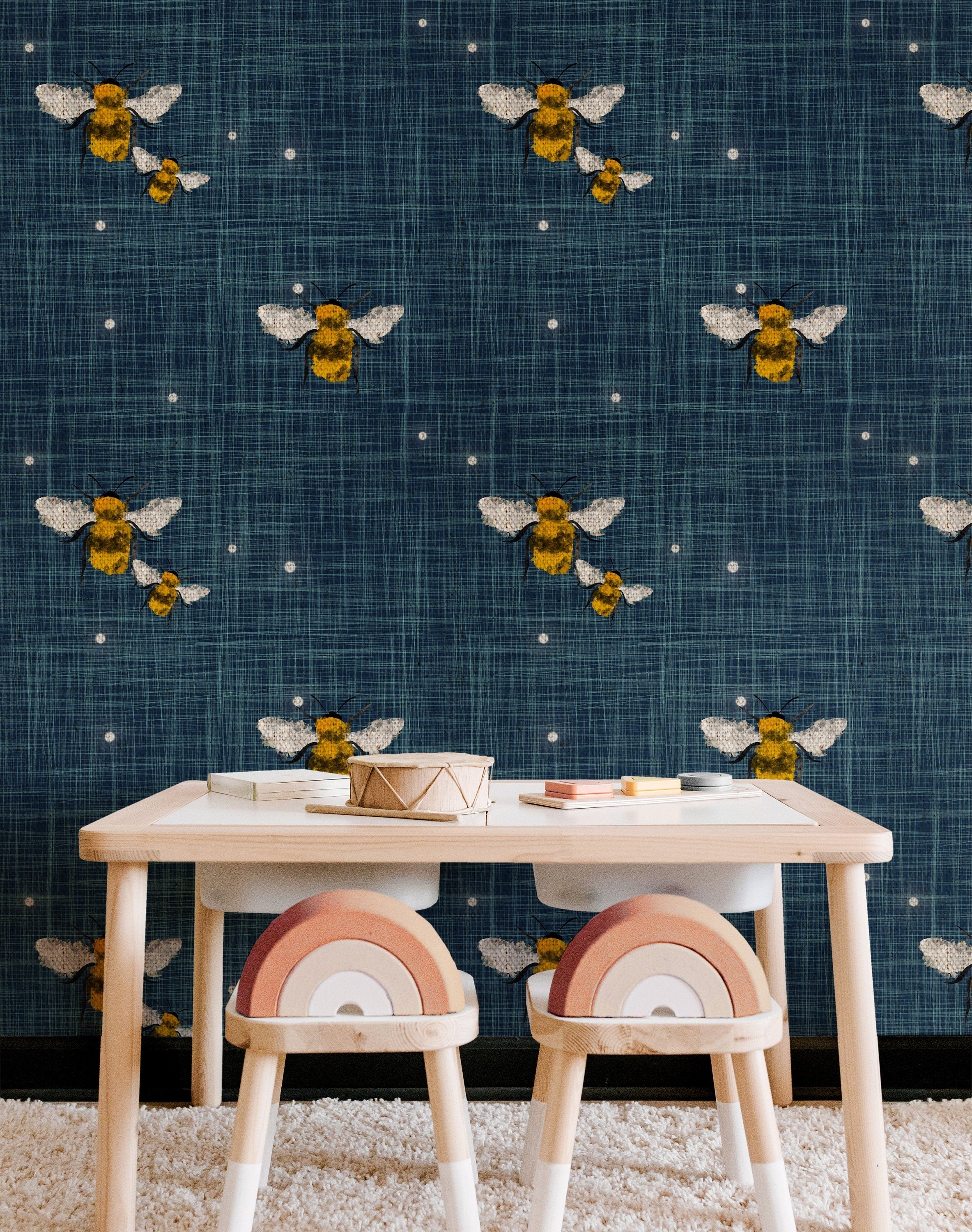 Bumble Bee Denim Wallpaper | Girls Nursery Wallpaper | Kids Wallpaper ...