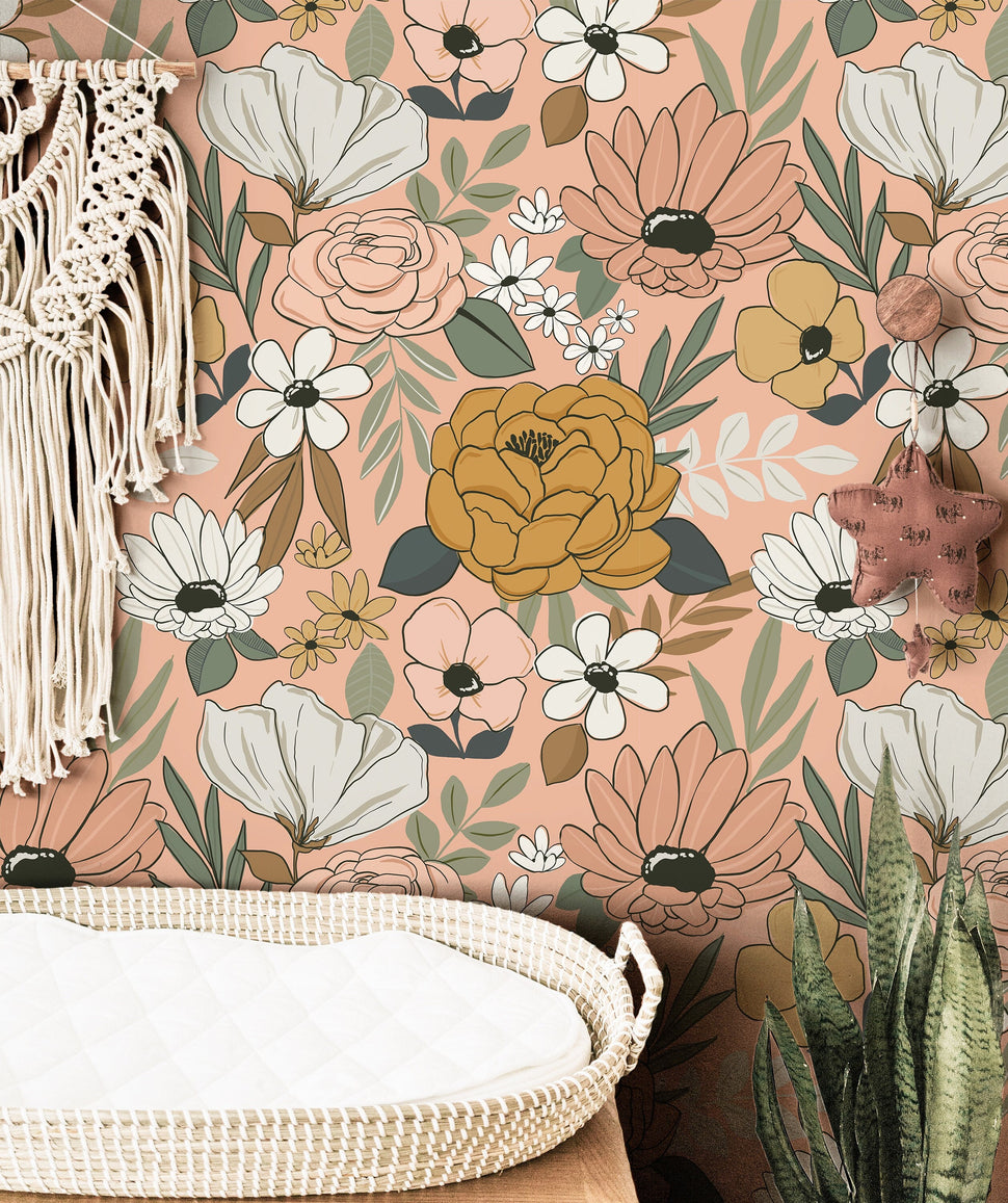 Vintage Light Pink Floral Wallpaper | Girls Nursery Wallpaper | Kids ...