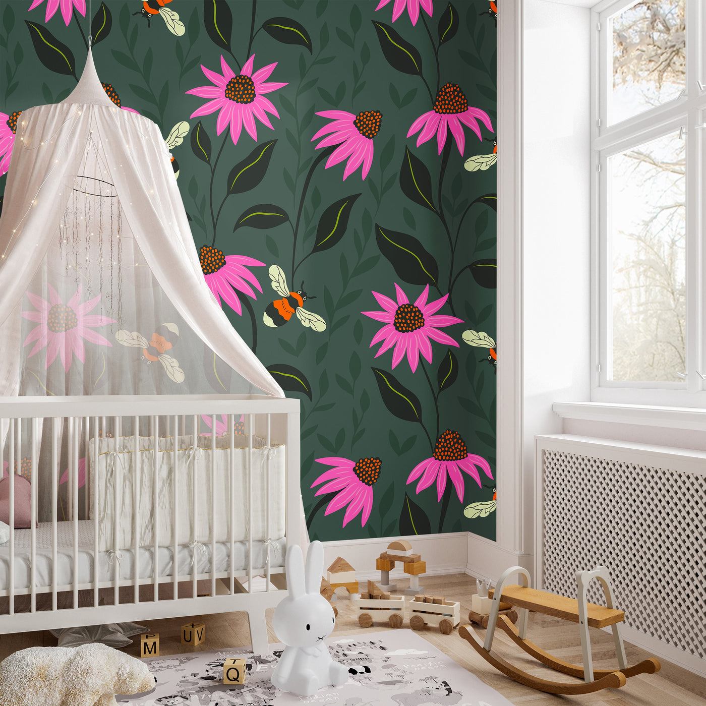Green Floral Bee Forest Wallpaper | Girls Nursery Wallpaper | Kids Wal ...
