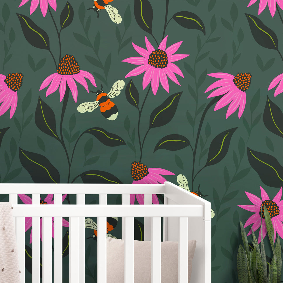 Green Floral Bee Forest Wallpaper | Girls Nursery Wallpaper | Kids Wal ...
