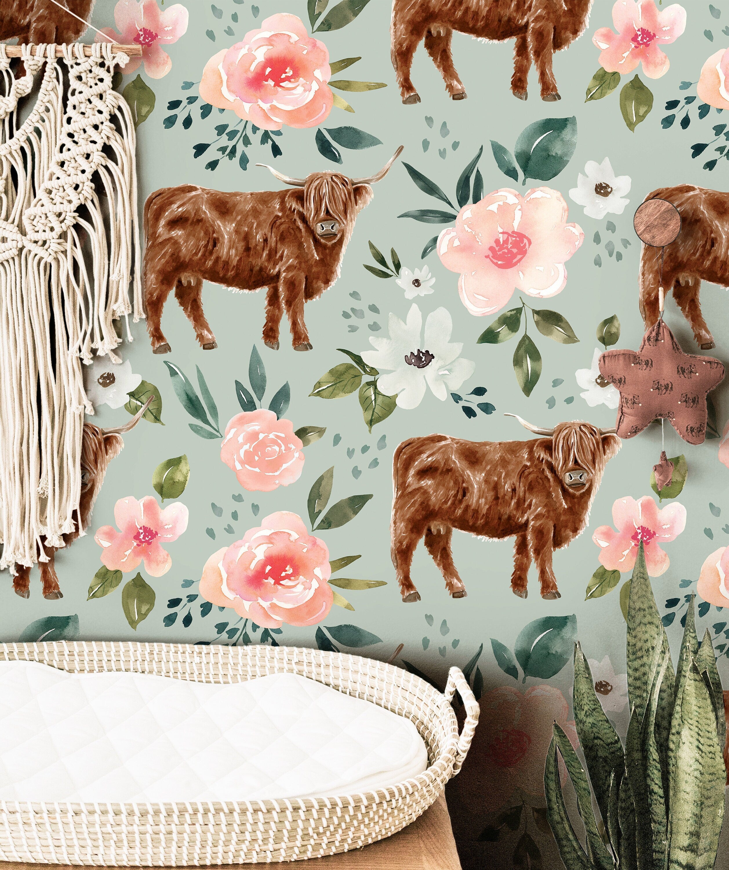 Highland Cow Floral Wallpaper | Girls Nursery Wallpaper | Kids Wallpap ...