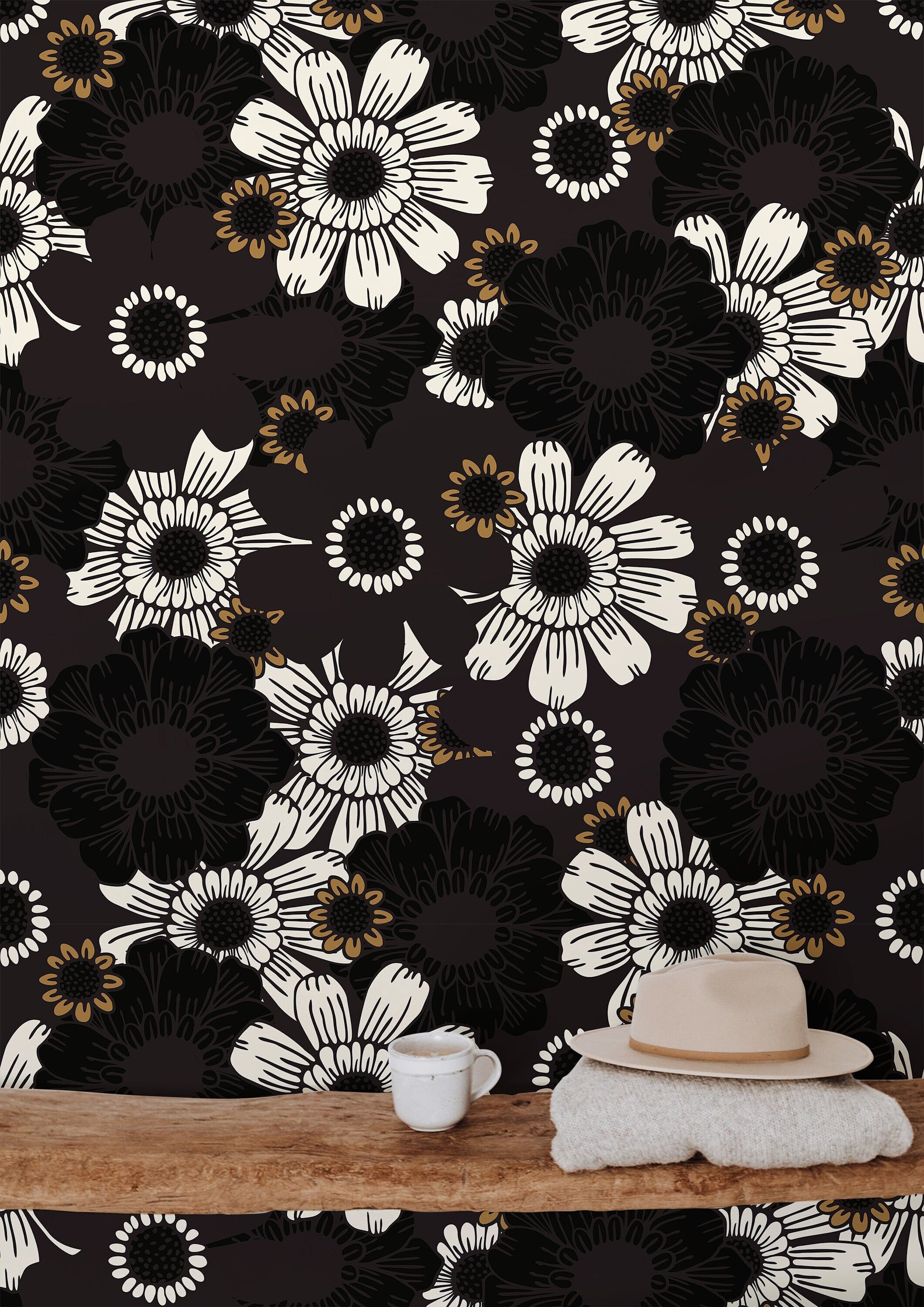 Gold Black Floral Wallpaper Peel and Stick Wallpaper Removable Wallpap ...