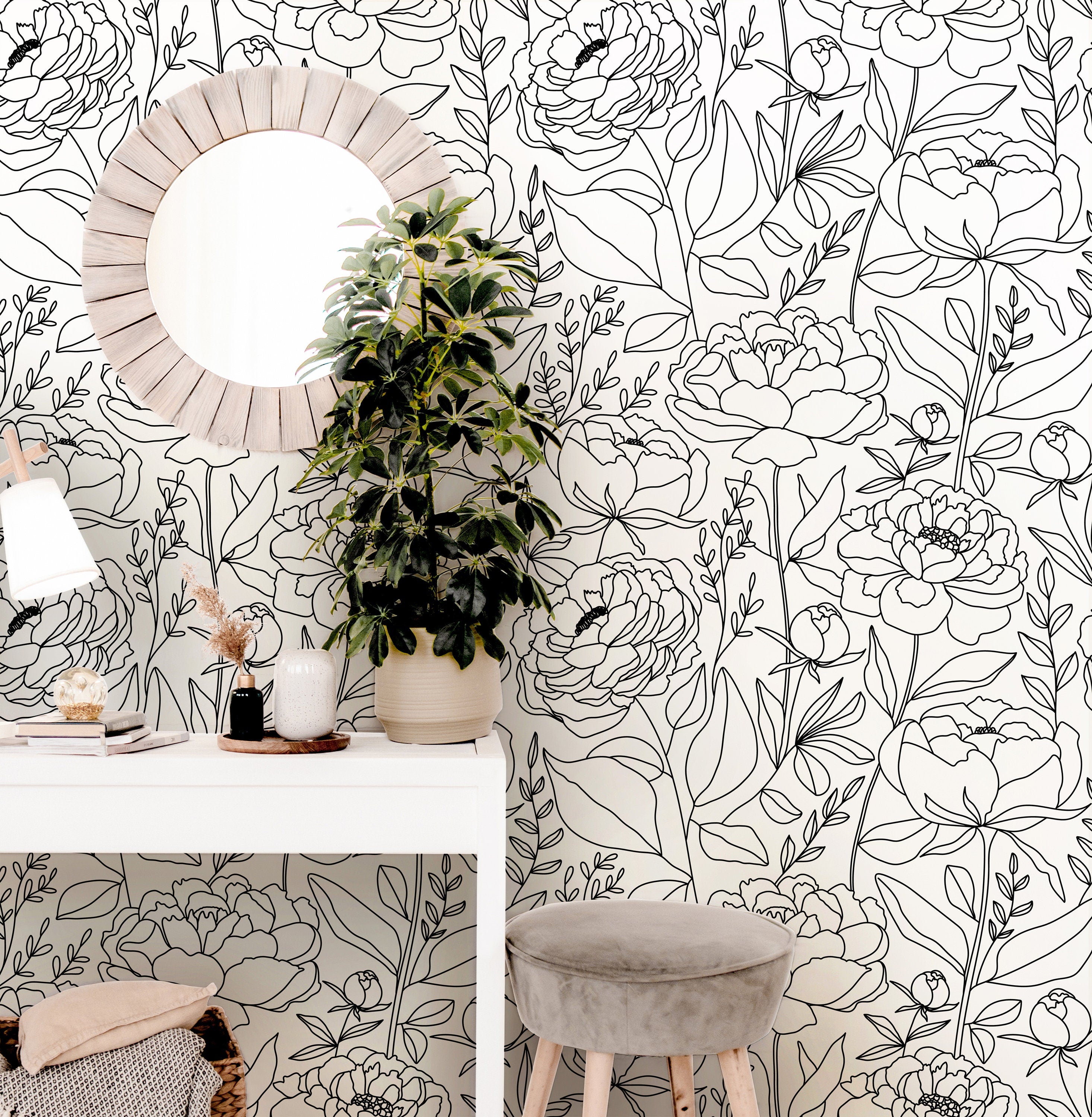 Wallpaper Peel and Stick Wallpaper Black White Large Floral Outline Re ...