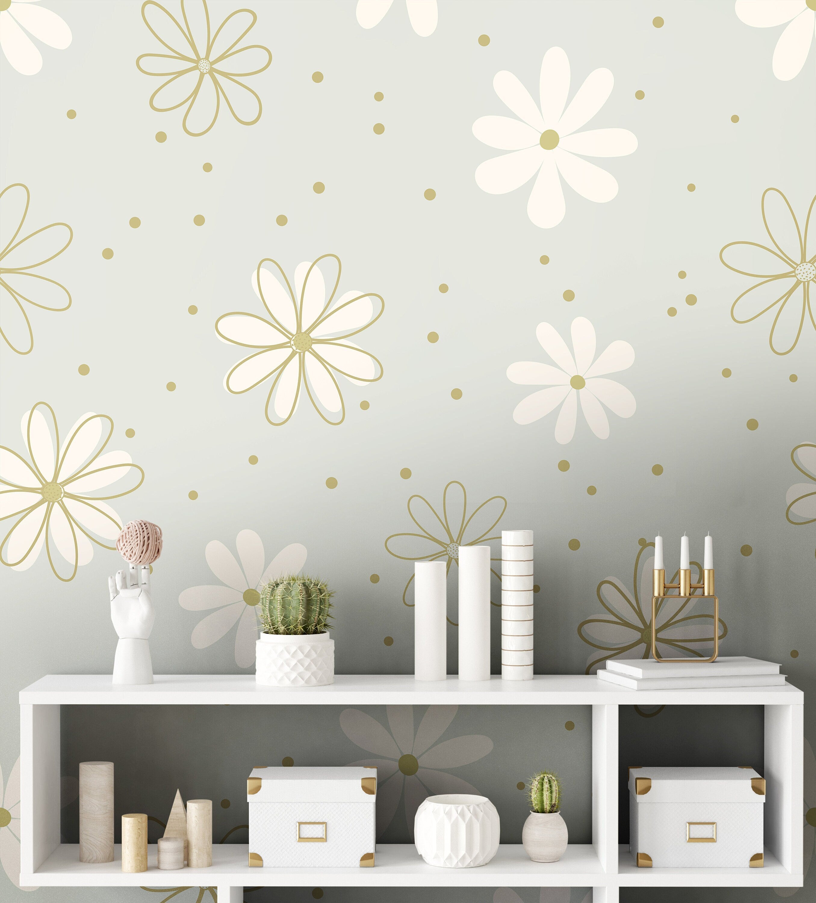 Wallpaper Peel and Stick Wallpaper Daisy Mint White Gold Floral Remova ...