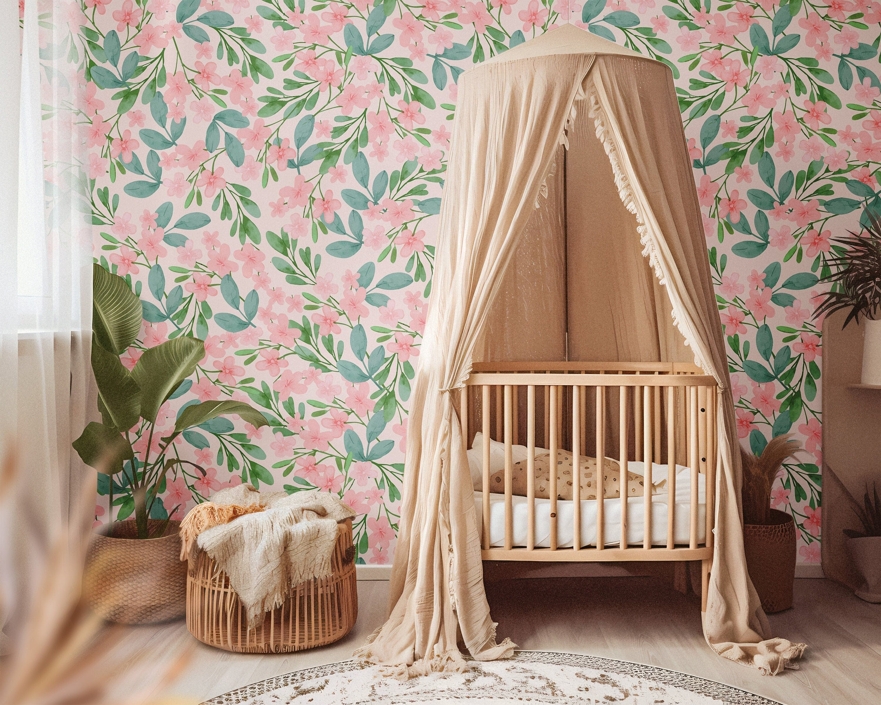 Light Pink Floral Wallpaper | Girls Nursery Wallpaper | Kids Wallpaper ...